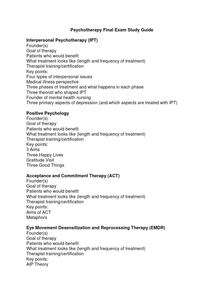 Psychotherapy Exam Study Guide Overview | PDF | Psychotherapy | Eye ...