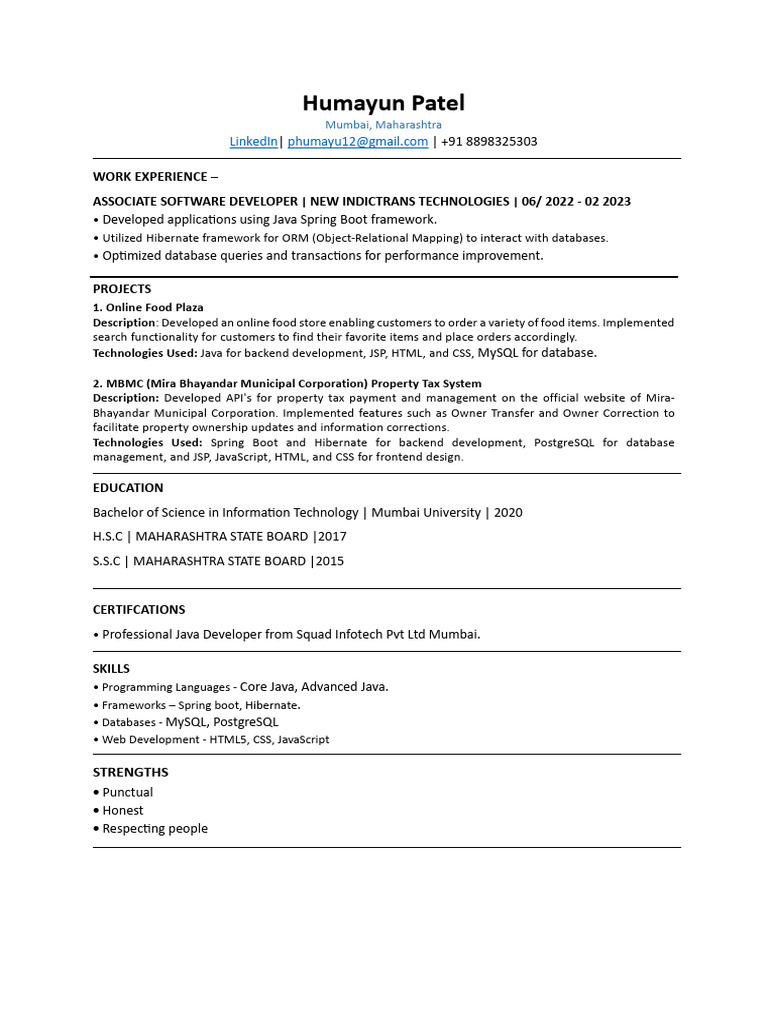Humayun Patel Resume | PDF