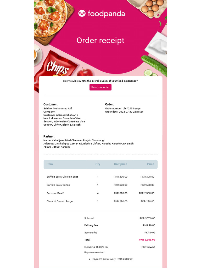 Foodpanda Order Receipt Sample | PDF