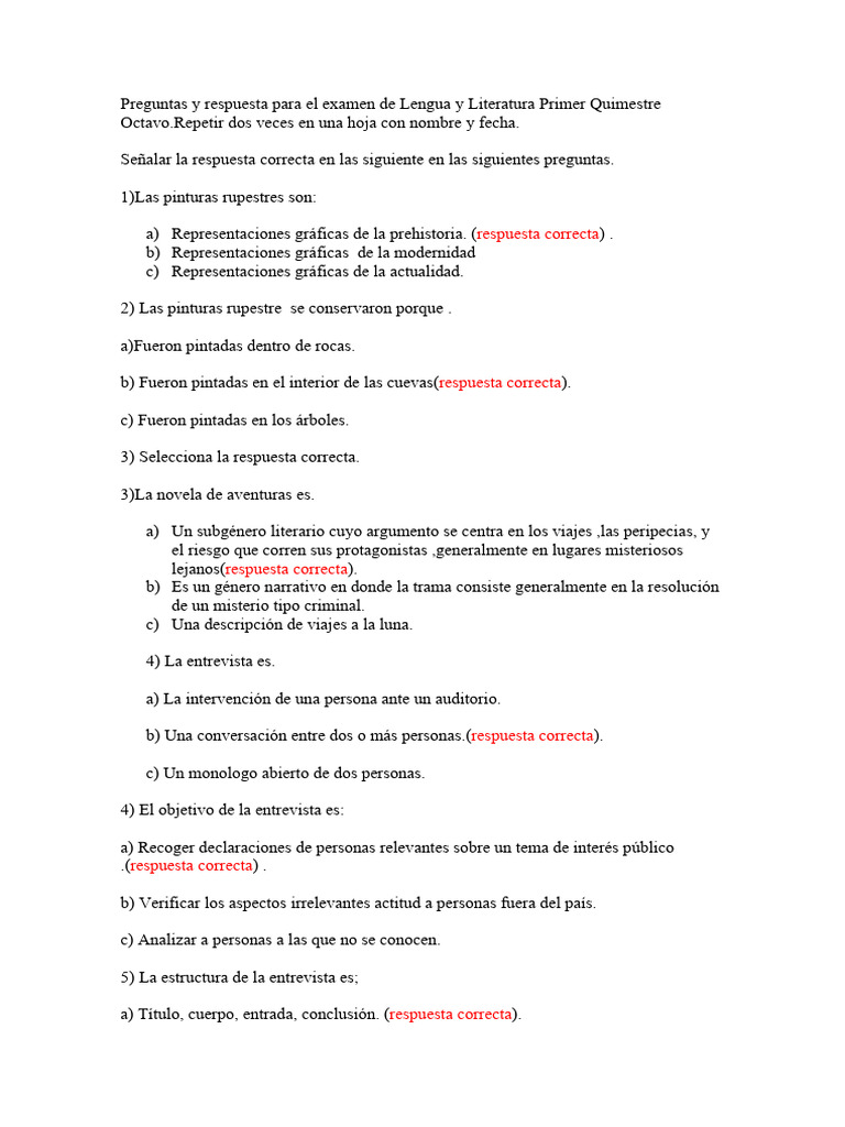 Preguntas y Respuesta para El Examen de Lengua y Literatura Primer Quimestre Octavo | PDF ...