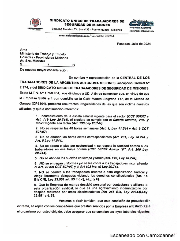 Denuncia Del SUTRAS y La CTAA Contra La Empresa SINA SRL Al Ministerio ...