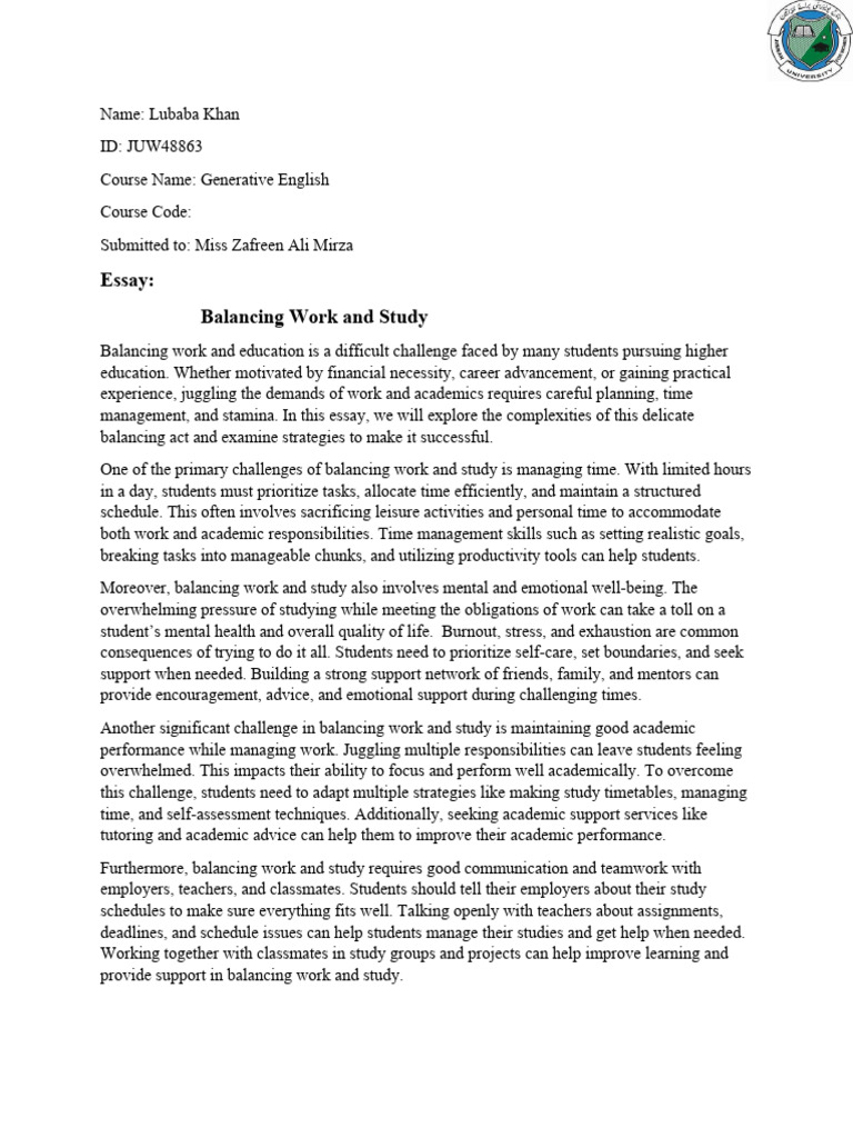 English Essay Balancing Work and Study | PDF | Occupational Burnout ...