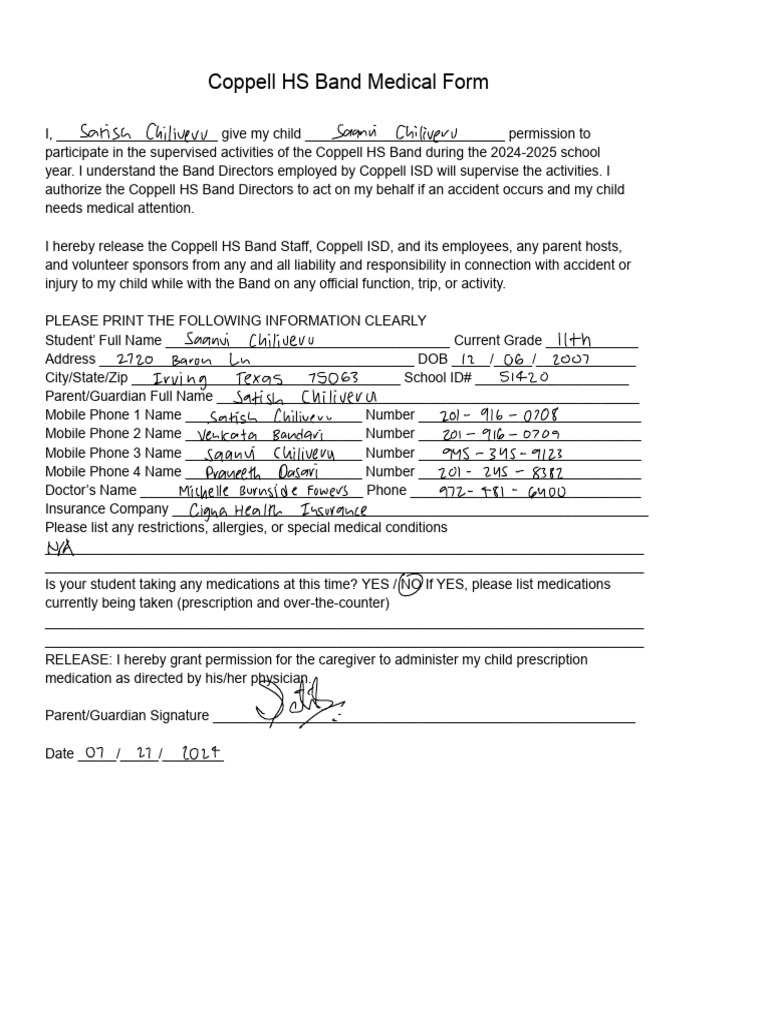 Fillable Coppell HS Band Medical Form | PDF | Public Services | Medicine