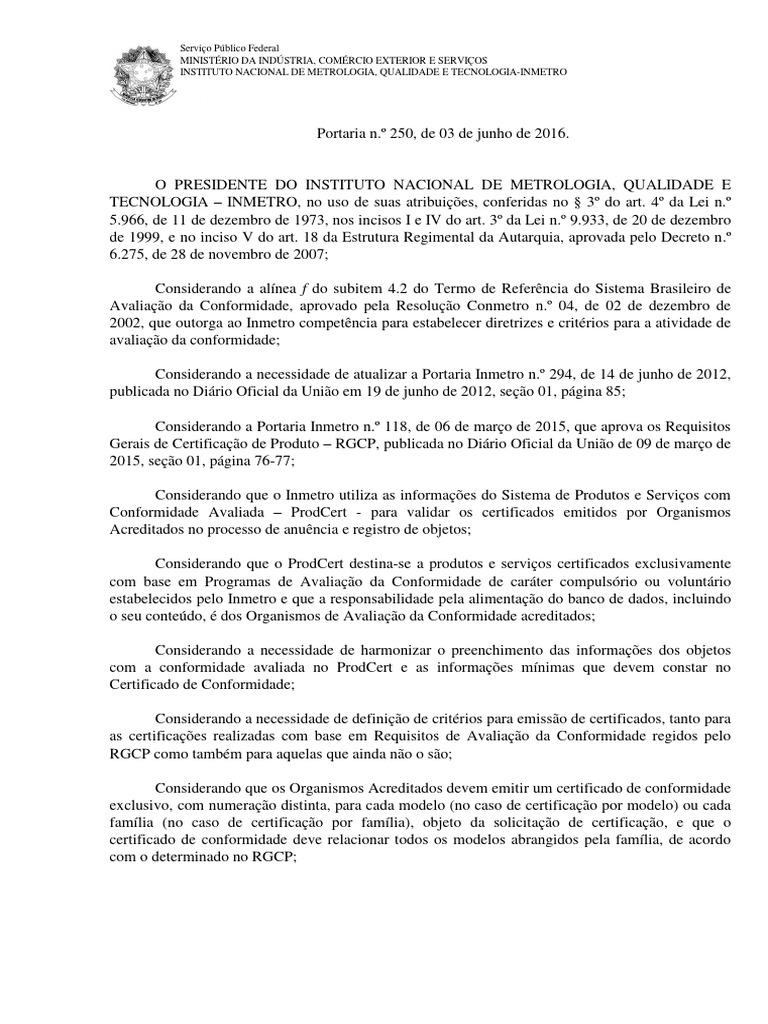 Portaria Inmetro Nº 250, de 03 - 06 - 2016 - Condições para Emissão e ...