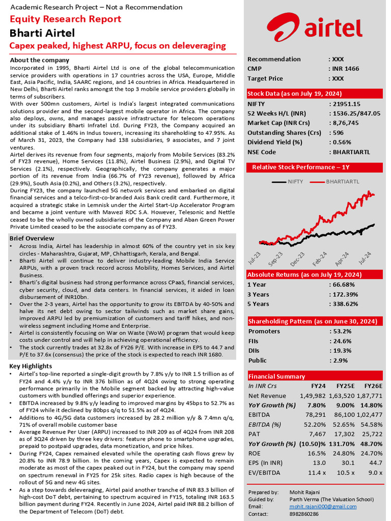 Bharti Airtel - Equity Research Report | PDF | Internet Of Things | Computing