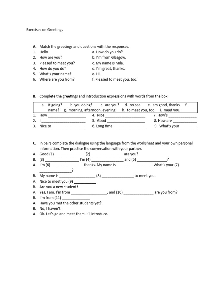 Greeting Exercises for Kids | PDF
