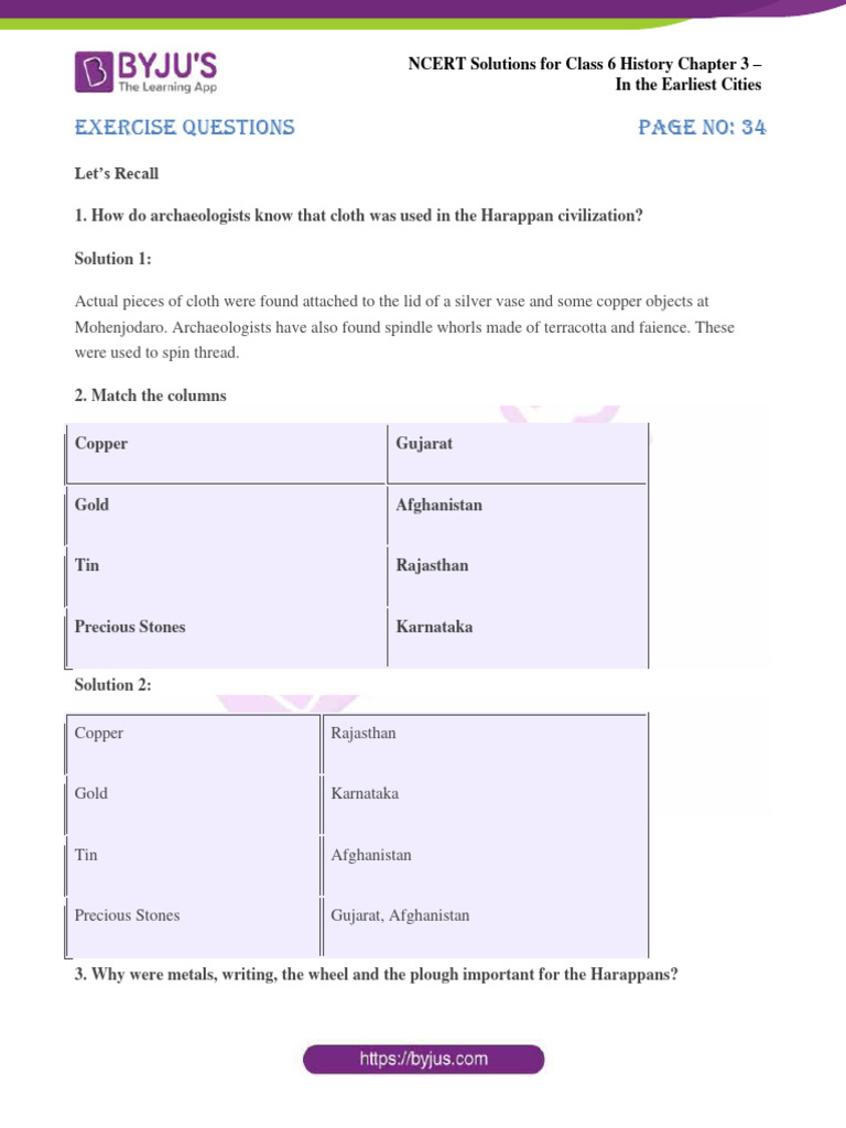 NCERT Solutions For Class 6 History Chapter 3 in The Earliest Cities | PDF