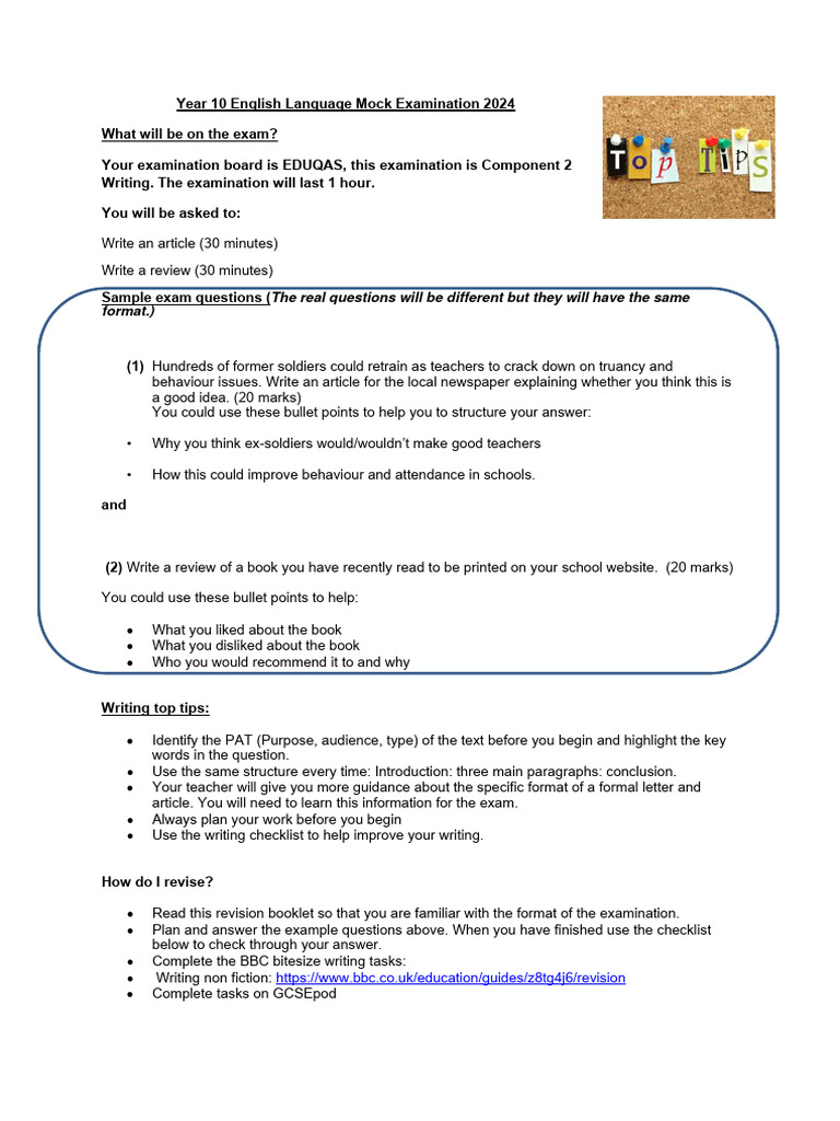 Y10 Lang Mock Revision Booklet 2024 | PDF | Punctuation | Sentence ...