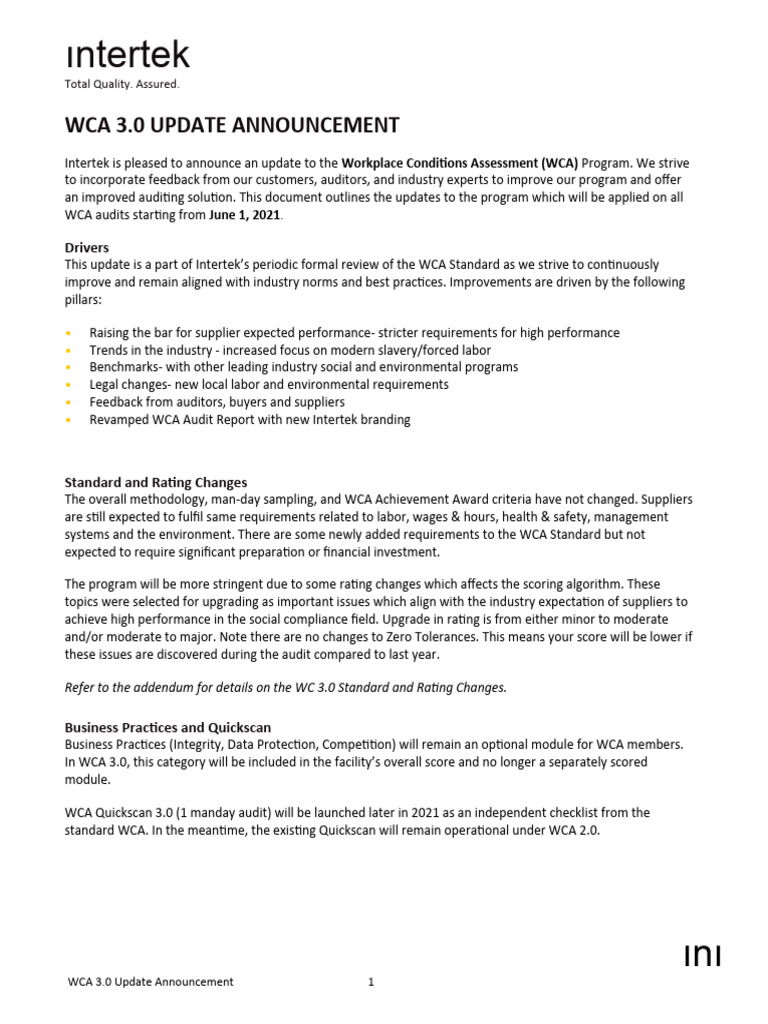 WCA 3.0 Update Announcement Supplier - Buyer Letter | PDF | Employment | Audit