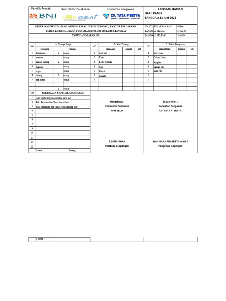 Laporan Harian Bni KC Kota Bumi | PDF