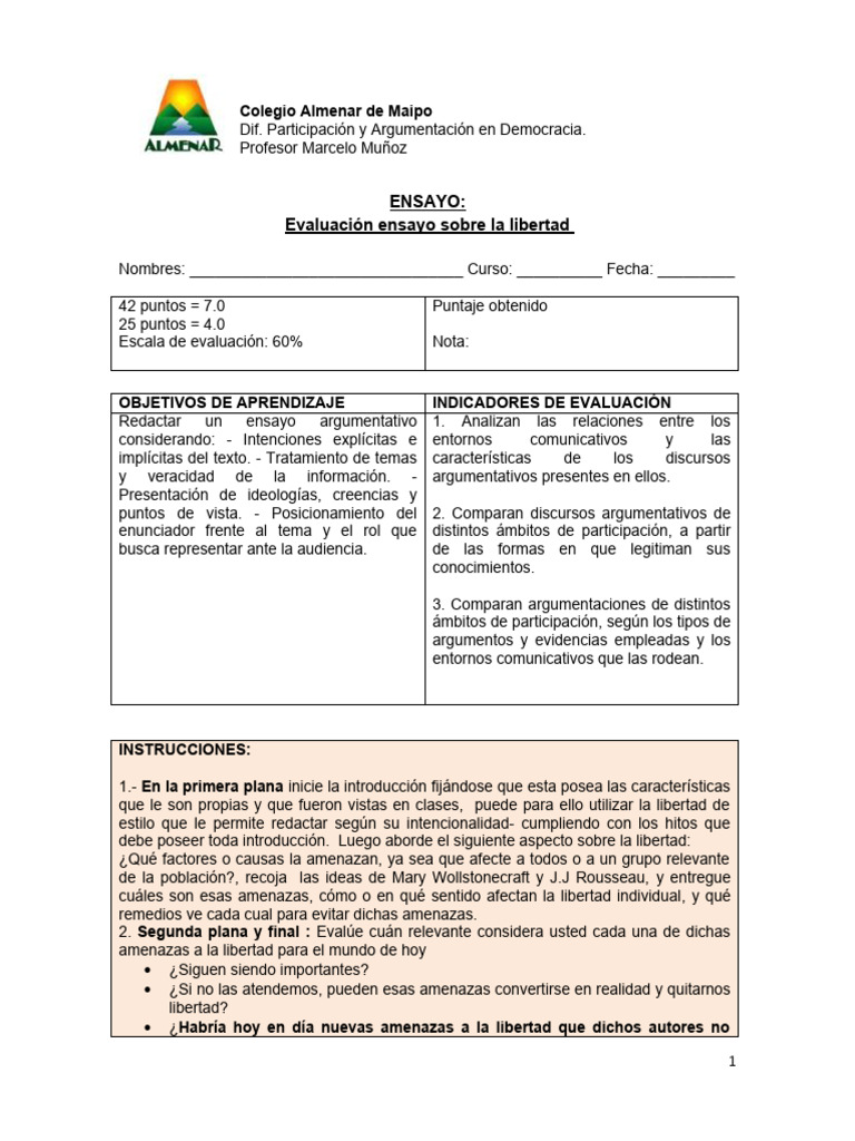 Instrucciones y Rúbrica ENSAYO | PDF | Ensayos | Escritores