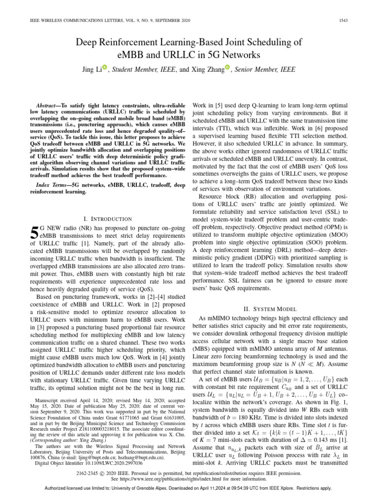Deep Reinforcement Learning Based Joint Scheduling Of Embb And Urllc In 5g Networks Pdf