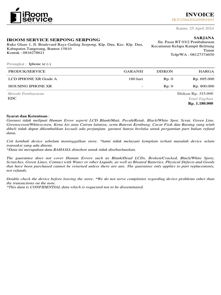iRoom Service Invoice - April 2024 | PDF