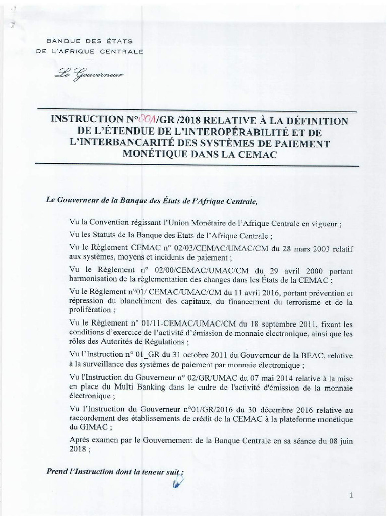 INSTRUCTION 001 GR 2018 InterporabilitéMonétique CEMAC | PDF