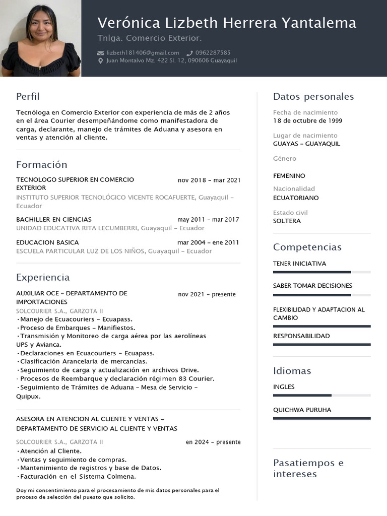 CV Verónica Lizbeth Herrera Yantalema 0957105828 | PDF | Economias ...