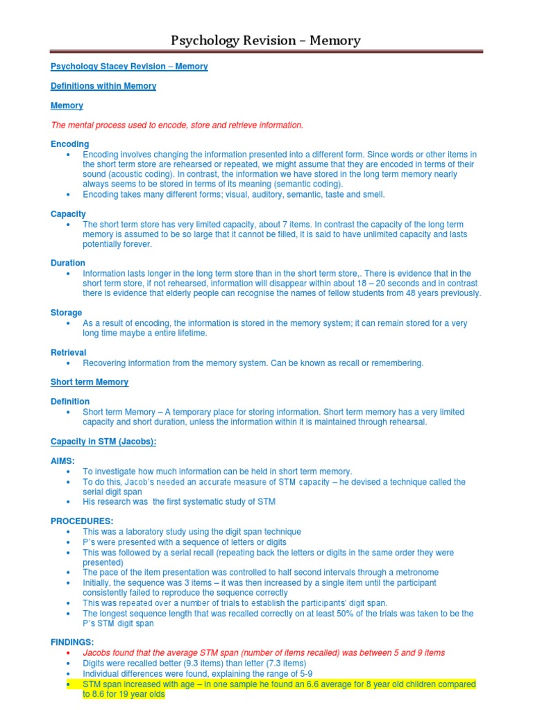 Psychology Memory Revision | PDF | Memory | Recall (Memory)
