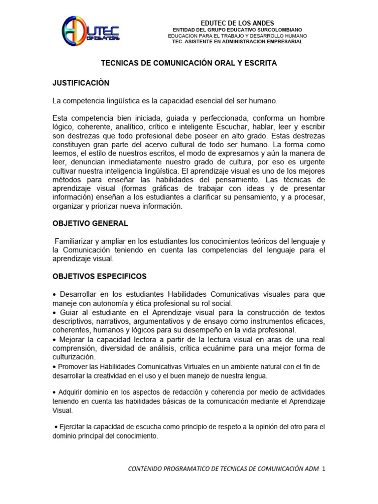 Contenido Programatico Tec Comunicacion | PDF | Comunicación | Aprendizaje