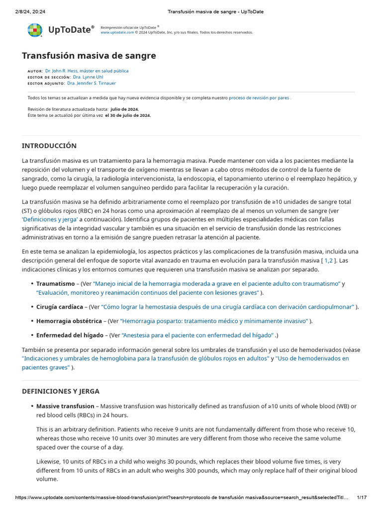 Transfusión Masiva de Sangre - UpToDate | PDF | Coagulation | Bleeding