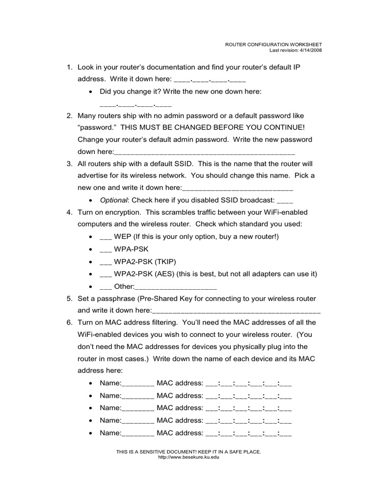 Router Configuration Worksheet Pdf Router Computing Computer Networking
