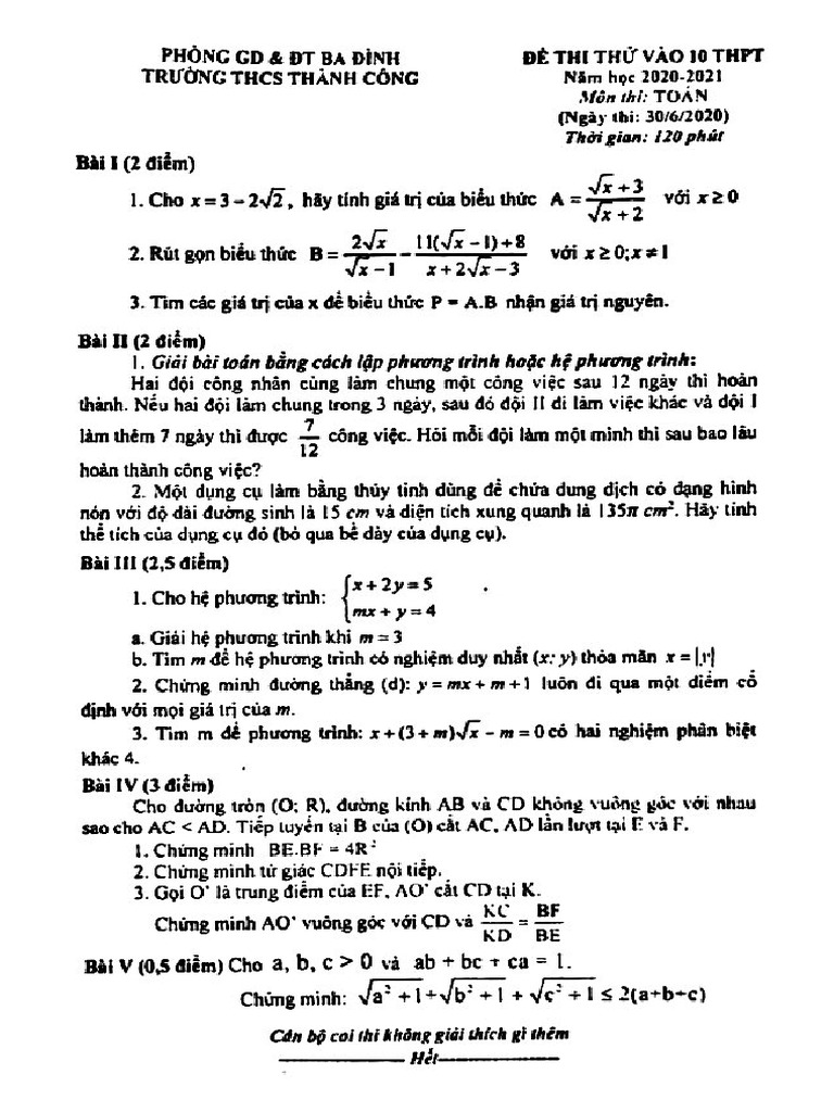 De Thi Thu Vao 10 Mon Toan Nam 2020 2021 Truong Thcs Thanh Cong Ha Noi | PDF