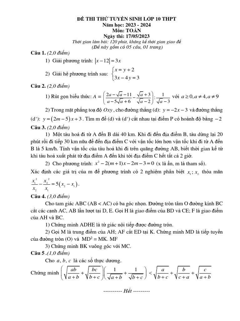 De Thi Thu Toan Vao Lop 10 Nam 2023 2024 Phong Gddt Tu Ky Hai Duong | PDF