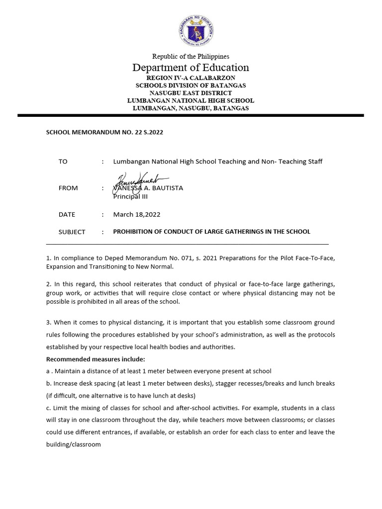 MEMO On Large Gathering | PDF | Classroom | Schools