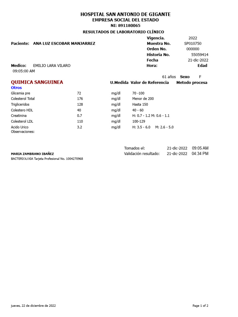 Informe Resultados Laboratorio | PDF | Colesterol | Especialidades Medicas