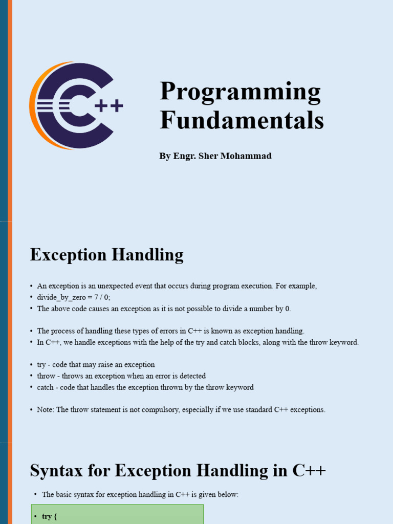 Exceptions and Files | PDF | C++ | Parameter (Computer Programming) Exceptions and Files | PDF | C++ | Parameter (Computer Programming)