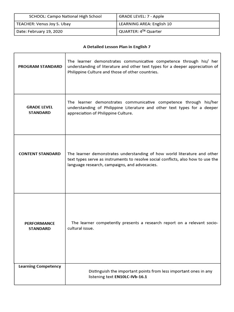 English 7 Lesson Plan: Figures of Speech | PDF | Lesson Plan | Metaphor