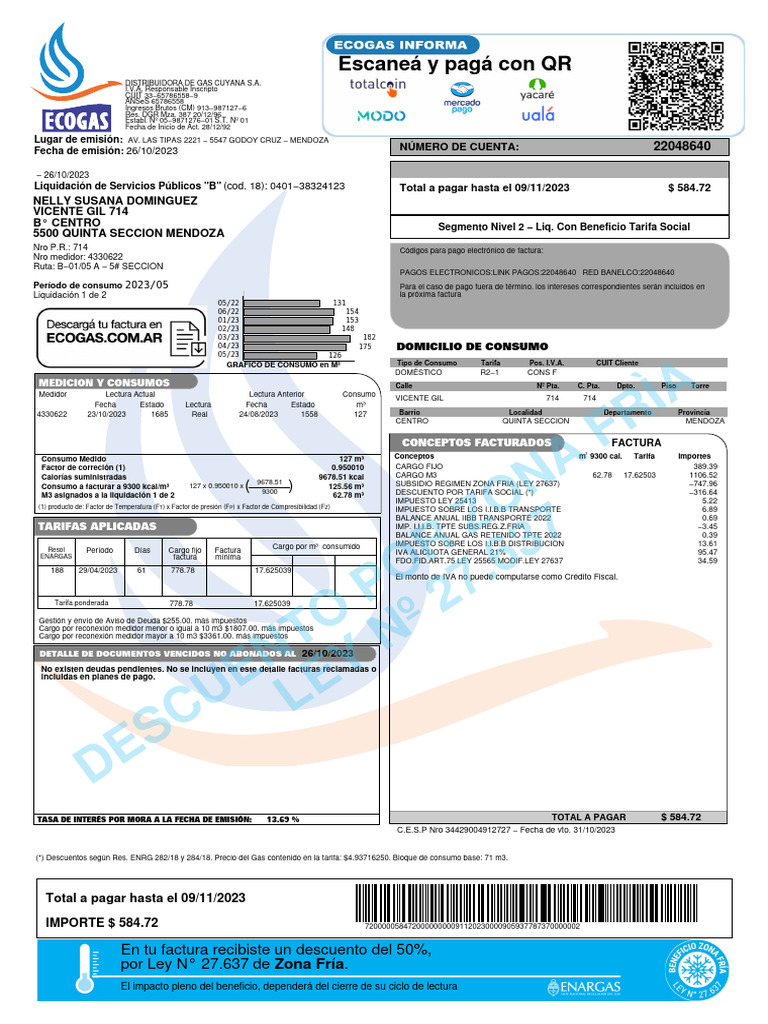 Factura Debito ECOGAS Nro 0401 38324123 000022048640 Cuy | PDF | Economía pública | Mecánica de ...