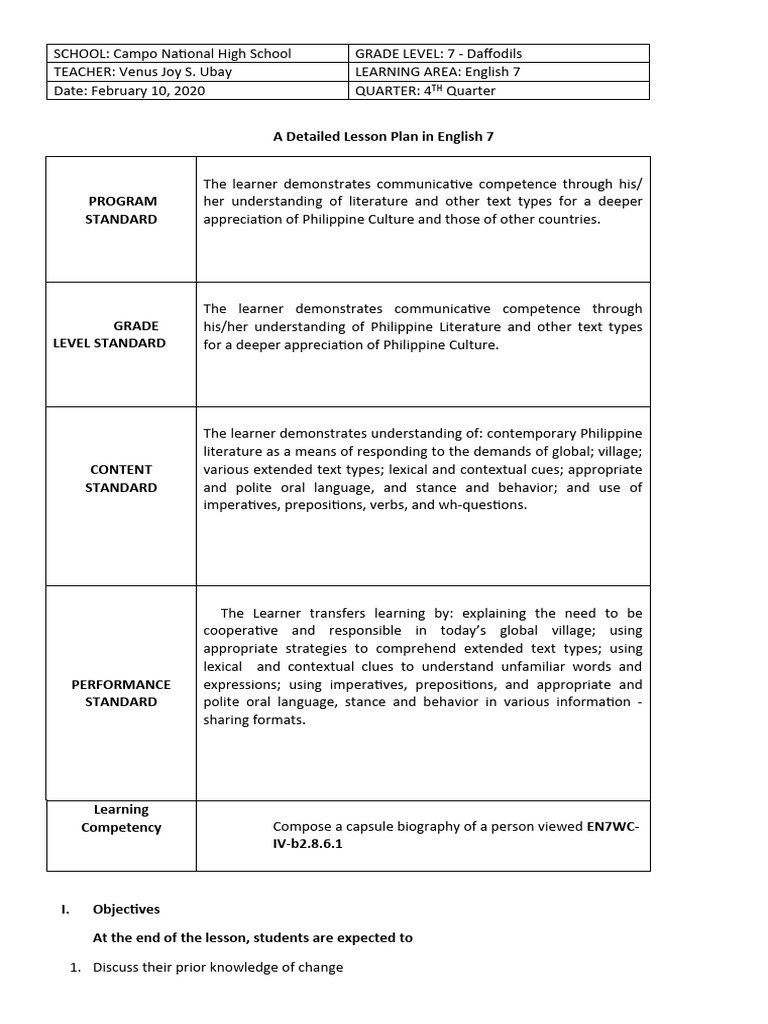 English 7 Lesson Plan: Change | PDF | English Language | Learning