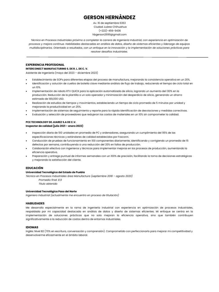 CV Gerson Hernandez Barqueras | PDF | Ingeniería Industrial | Ingeniería