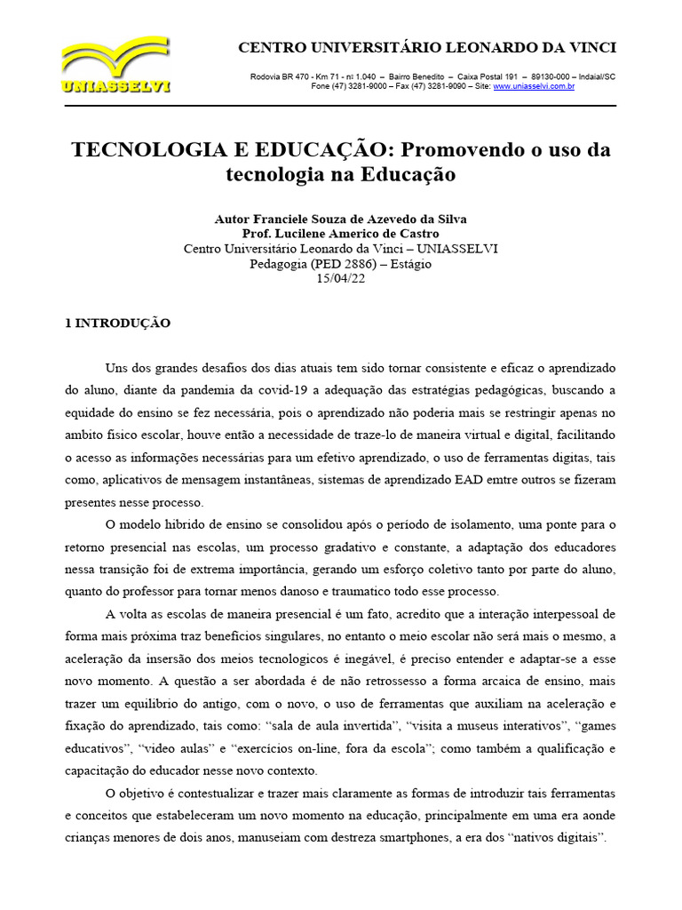 Primeira Parte - Projeto de en 1 Franciele | PDF | Aprendizado | Pedagogia