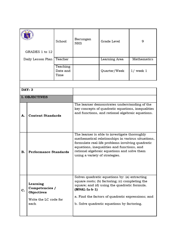 DAY: 3 I. Objectives | PDF | Factorization | Quadratic Equation