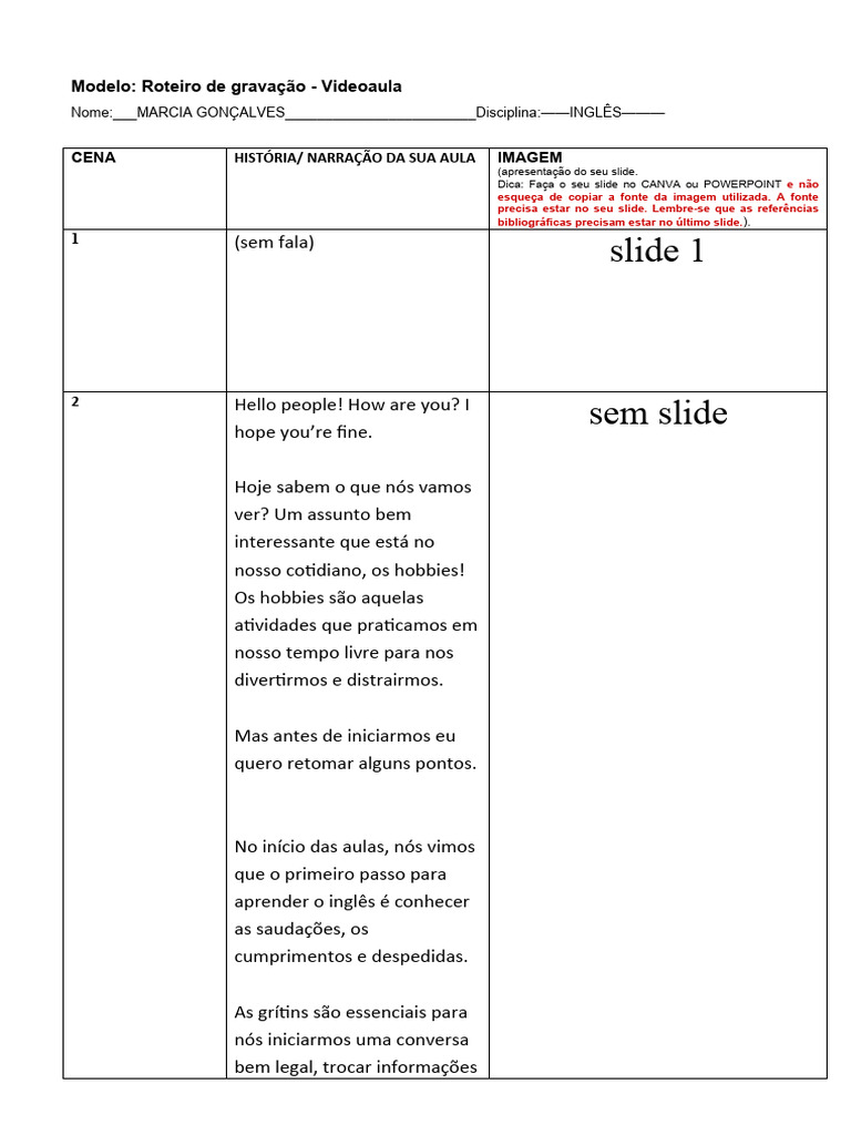 Roteiro de Videoaula de Inglês | PDF