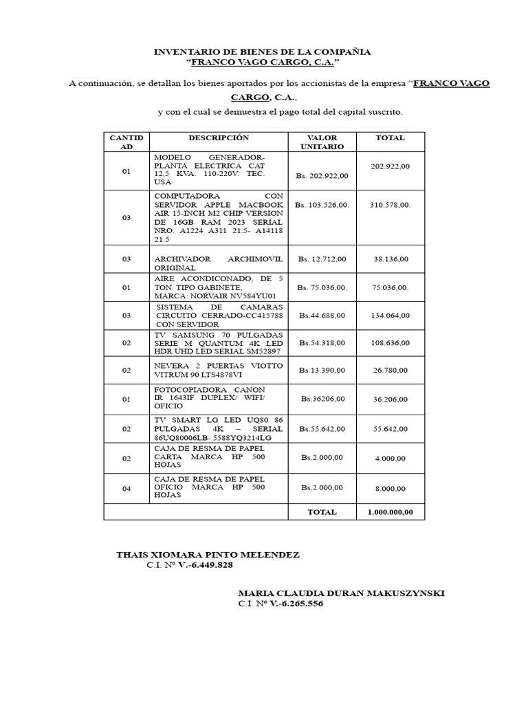 Inv Certf Franco Vago Cargo | PDF | Industrias de servicio | Servicios ...