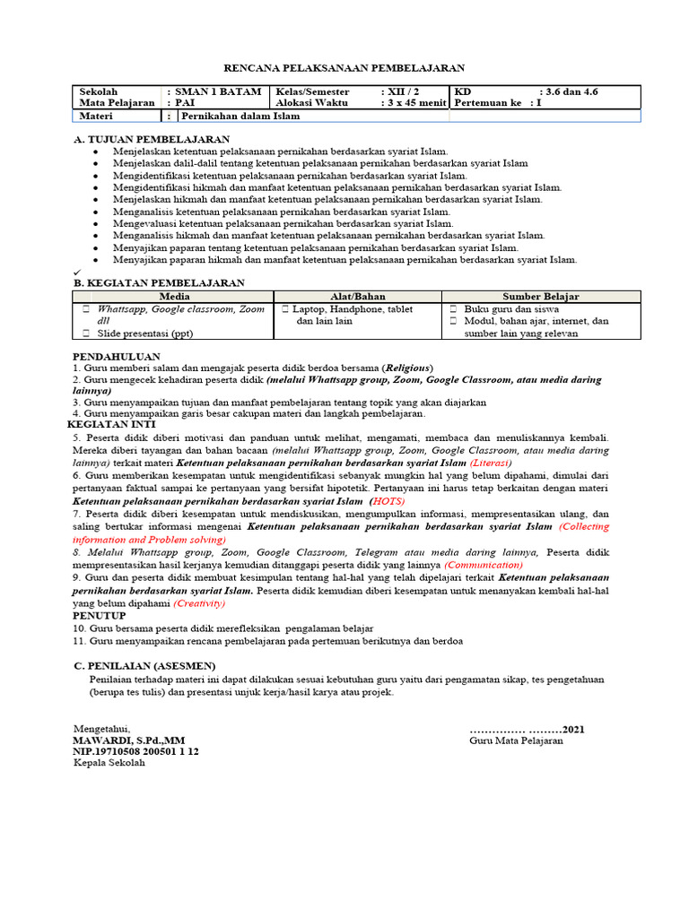 RPP Satu Lembar Pernikahan | PDF | Karier & Perkembangan