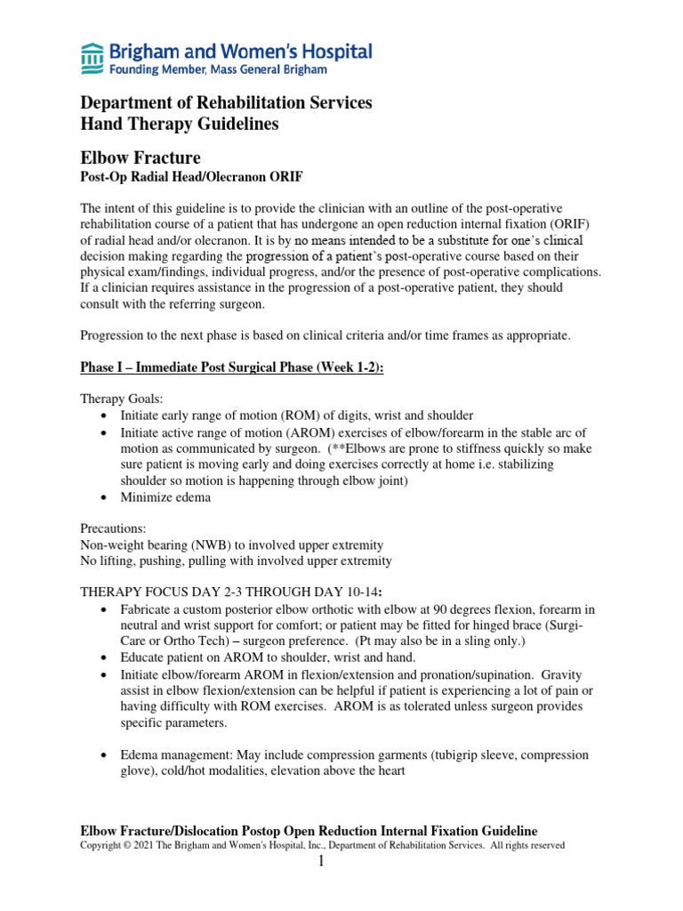 Elbow Fracture Orif Hand Therapy Protocol | PDF | Elbow | Anatomical ...