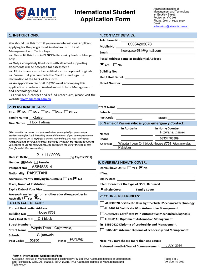 AIMT Form 2024 - Hoor Fatima Qaiser | PDF AIMT Form 2024 - Hoor Fatima Qaiser | PDF