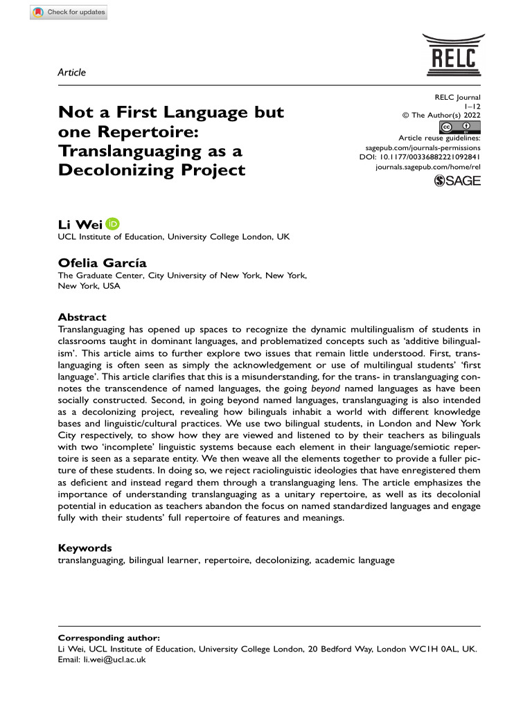 Not A First Language But One Repertoire Translanguaging As A ...