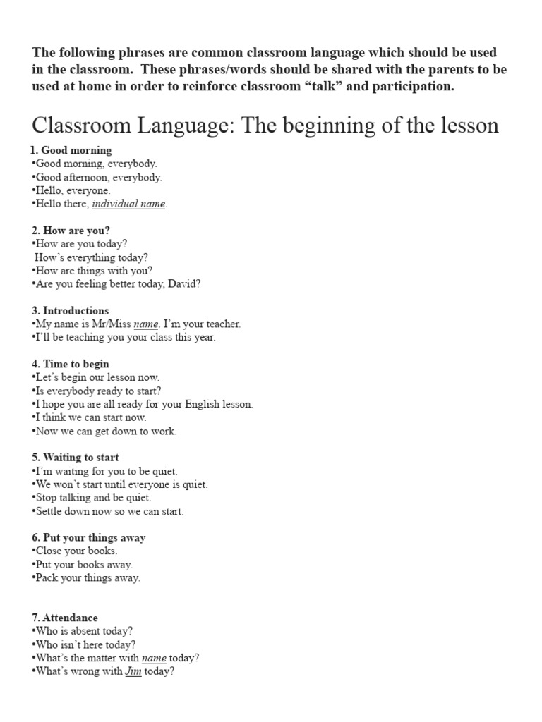 Classroom Language and Phrases | PDF | Second Language