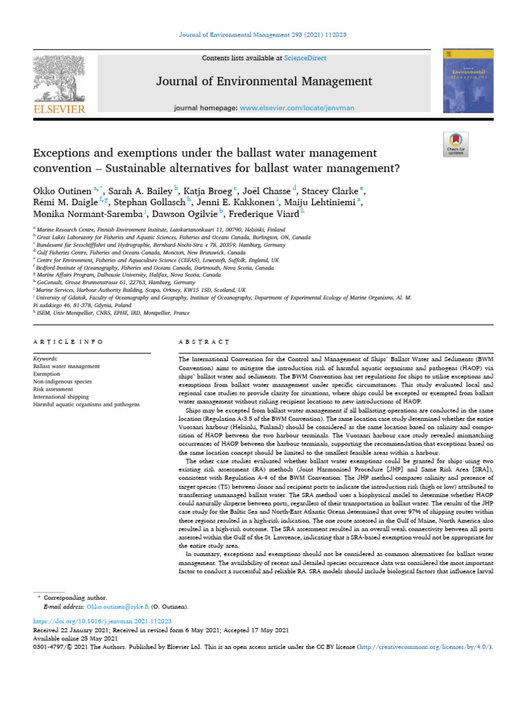 Exceptions and Exemptions Under The Ballast Water Management Convention ...