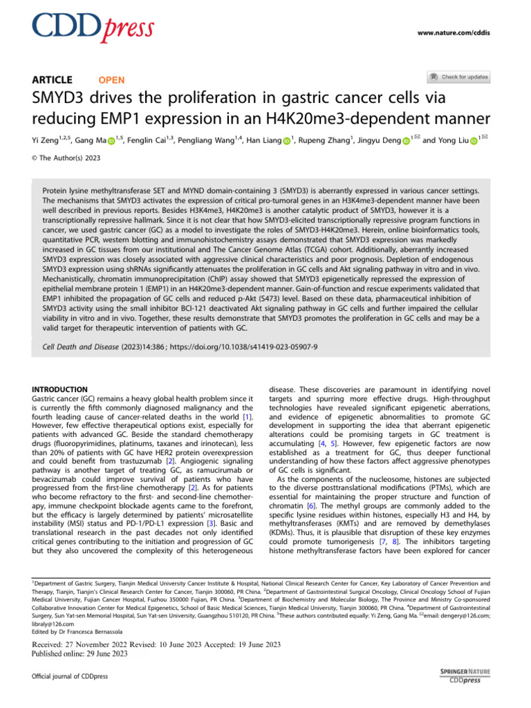 SMYD3 Drives The Proliferation in Gastric Cancer Cells Via Reducing ...