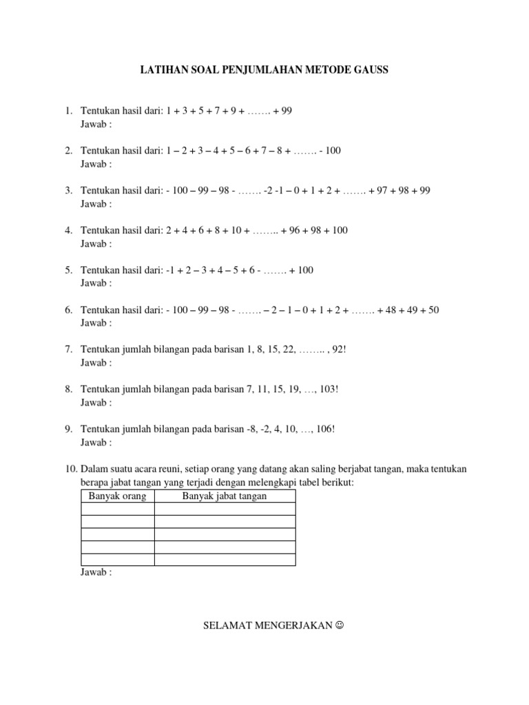 Latihan Soal Penjumlahan Metode Gauss | PDF | Game & Aktivitas | Metode & Bahan Ajar