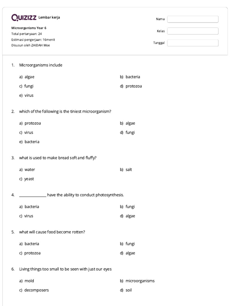 Year 6 Microorganisms Quiz Worksheet | PDF | Pathogen | Bacteria