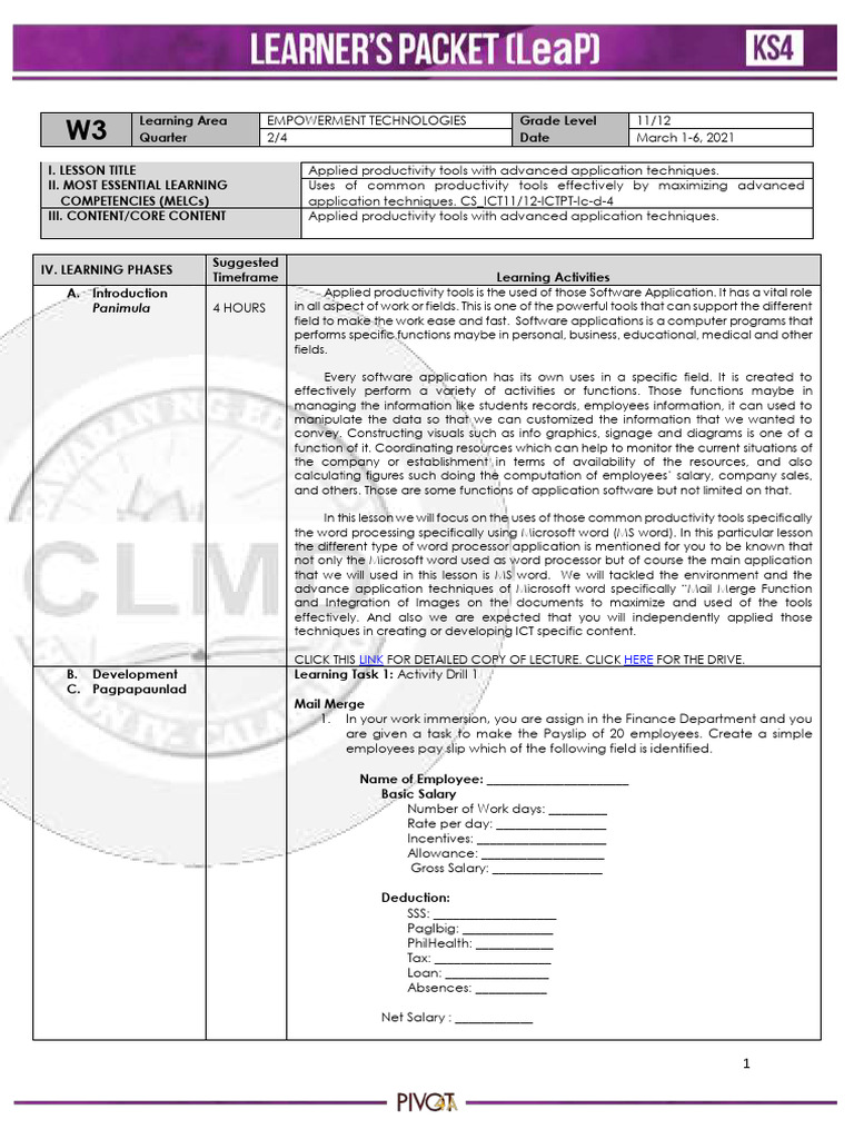 Applied11 - 12 ETECH Q2 - 4 W3 LeaP | PDF | Microsoft Word | Application Software