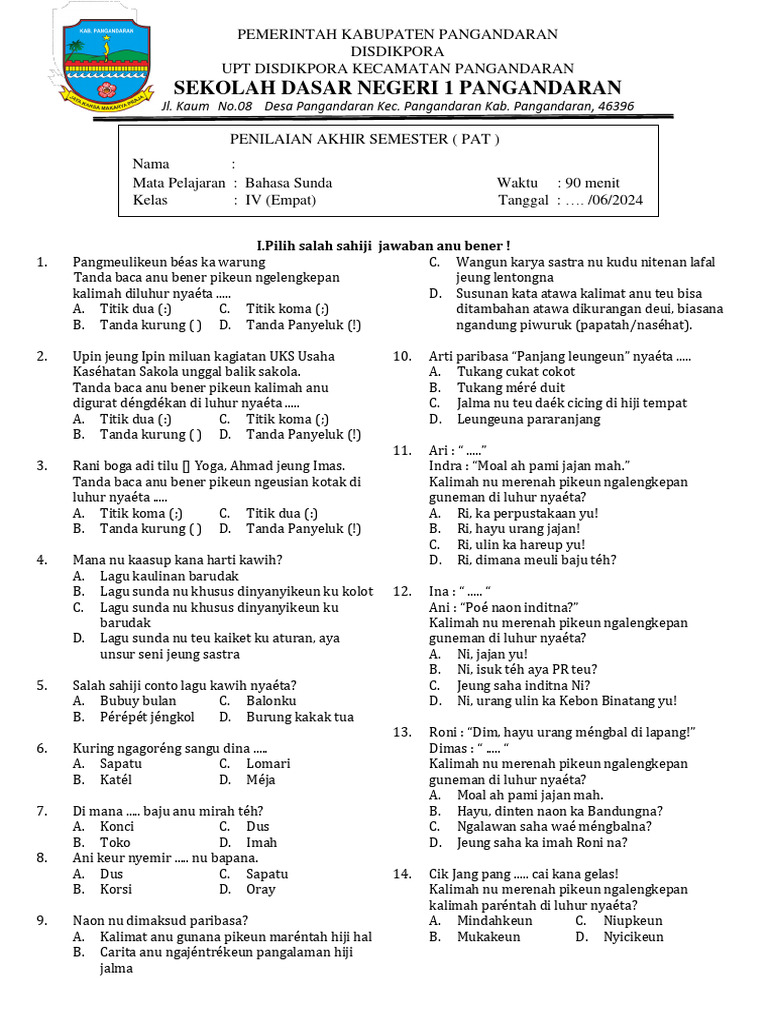 Soal PAT Bhs Sunda Kls 4 - 071110 | PDF
