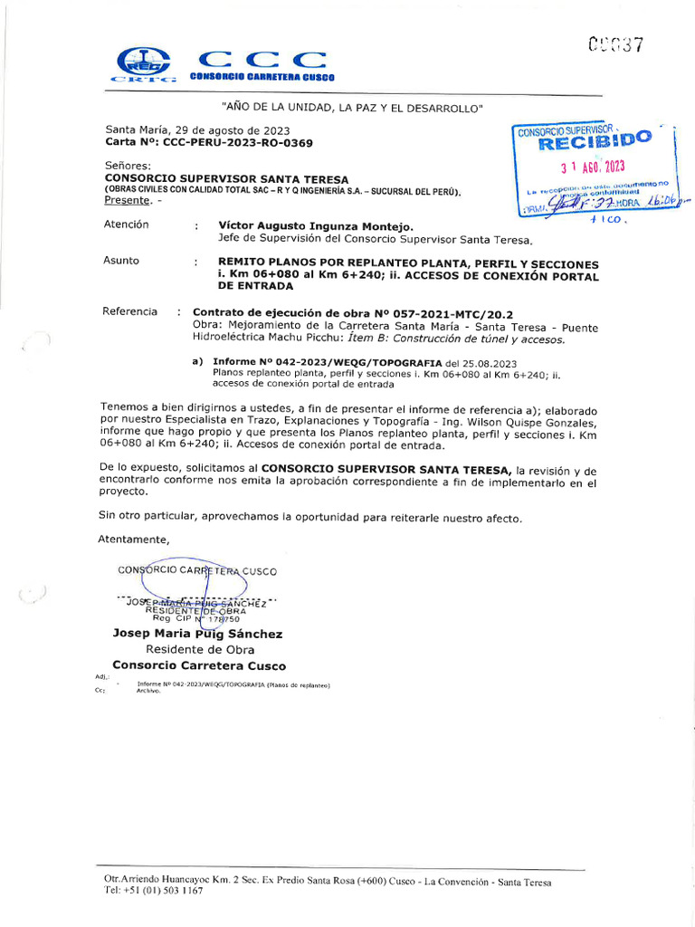 SCAN - CARTA #CCC-PERÚ-2023-RO-0369 - REMITO PLANOS POR REPLANTEO PLANTA, PERFIL Y SECCIONES I ...