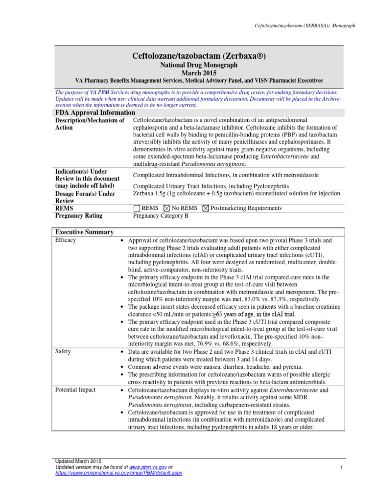 Ceftolozane Tazobactam ZERBAXA Monograph | PDF | Diseases And Disorders ...