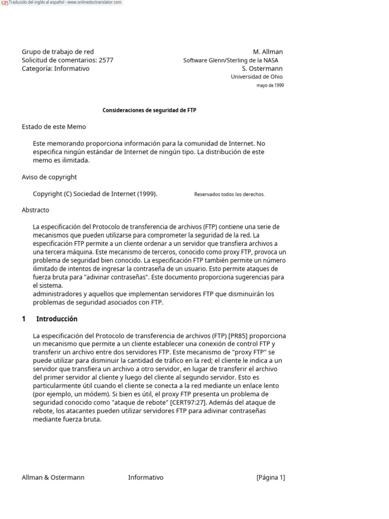 RFC 2577 - FTP Security Considerations - En.es | PDF | Protocolo de transferencia de archivos ...